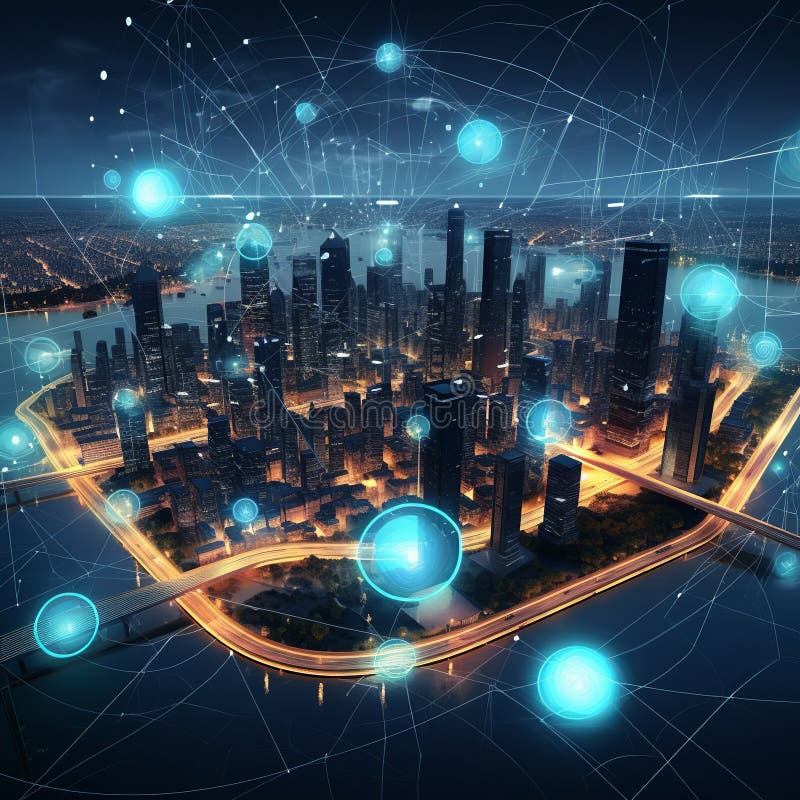 Illustration of Night City Panorama with Network Hologram, Generative ...