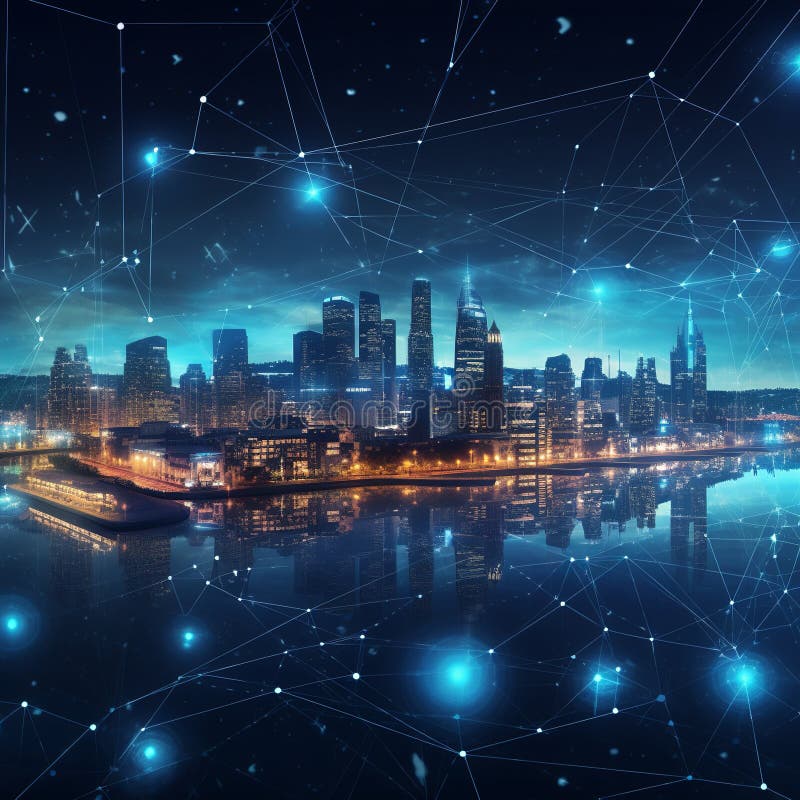 Illustration of Night City Panorama with Network Hologram, Generative ...