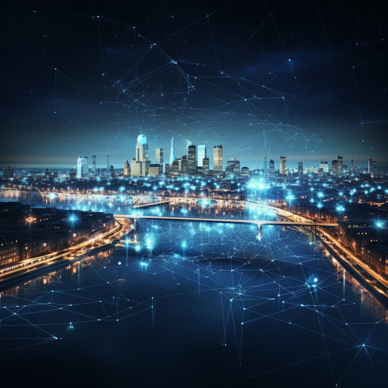 Illustration of Night City Panorama with Network Hologram, Generative ...
