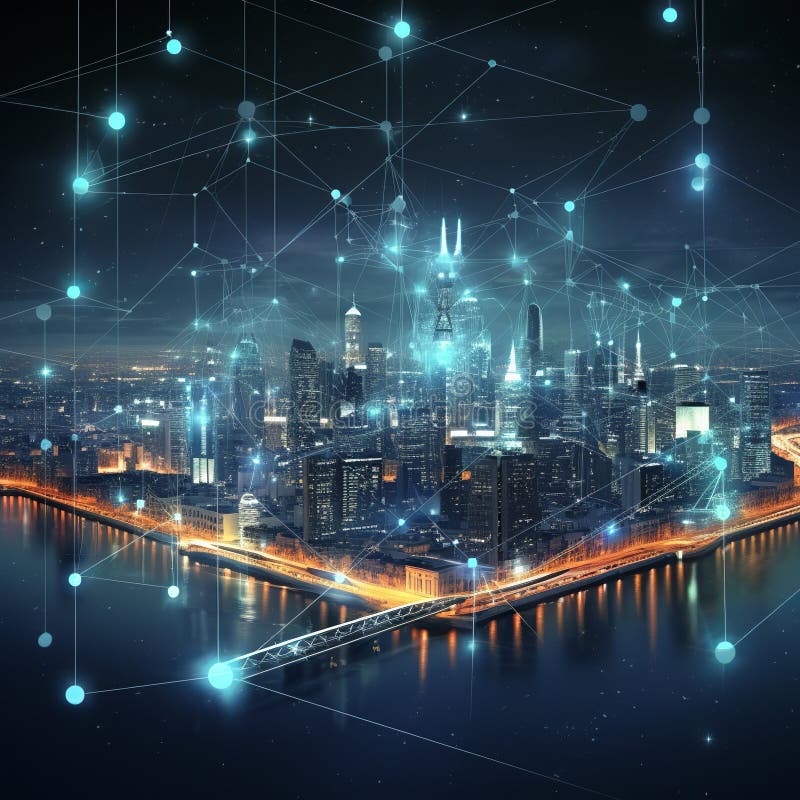 Illustration of Night City Panorama with Network Hologram, Generative ...