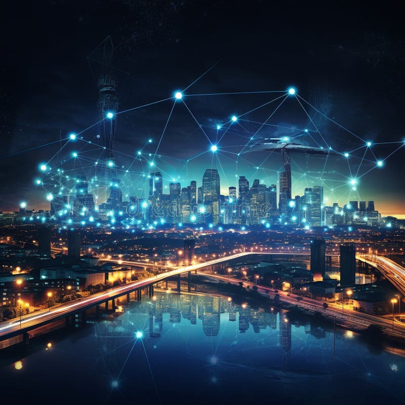 Illustration of Night City Panorama with Network Hologram, Generative ...