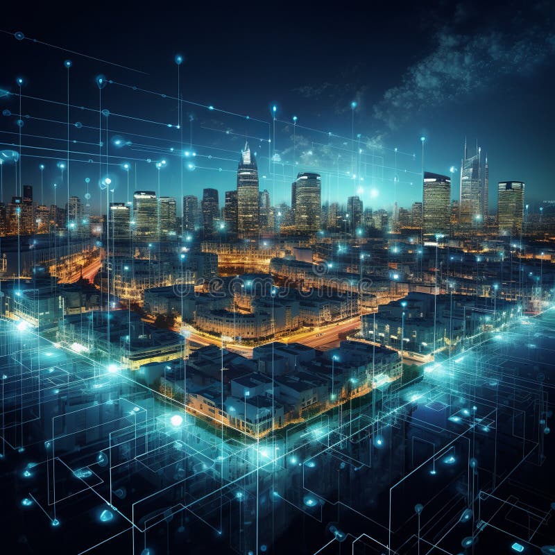 Illustration of Night City Panorama with Network Hologram, Generative ...