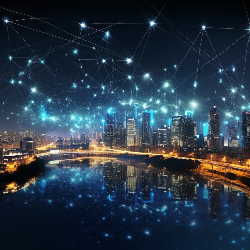 Illustration of Night City Panorama with Network Hologram, Generative ...