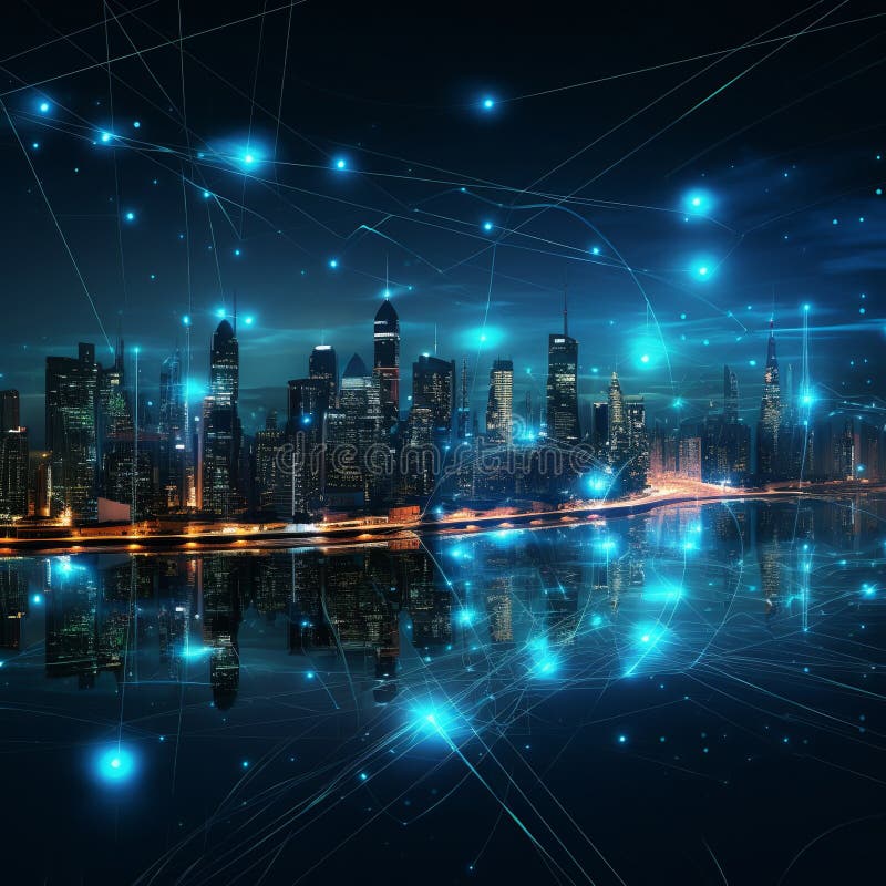 Illustration of Night City Panorama with Network Hologram, Generative ...