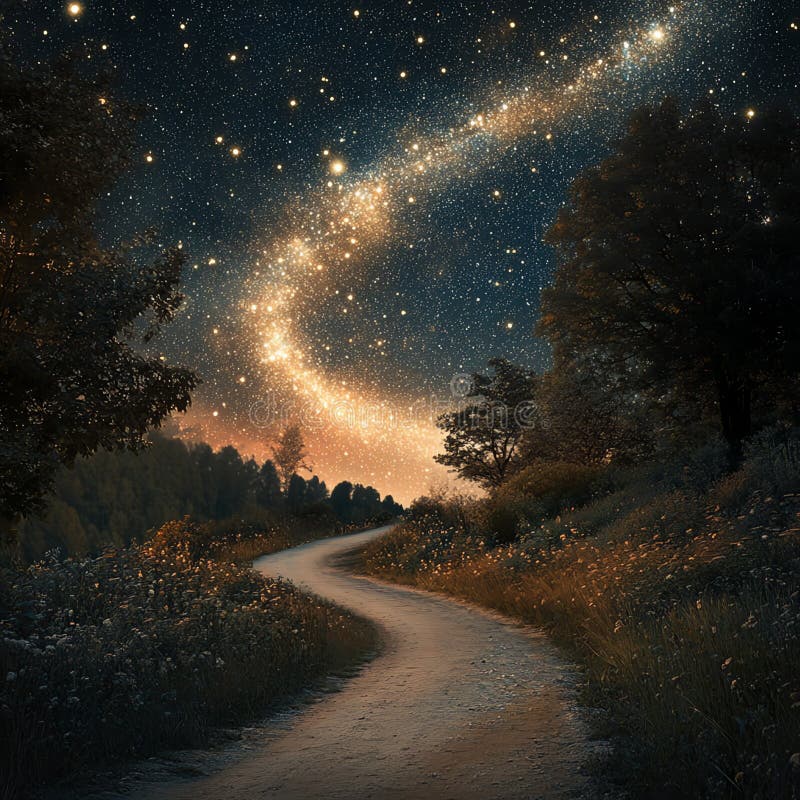 Illustration - Night Path Under Milky Way, Stars, and Trees Stock Image ...