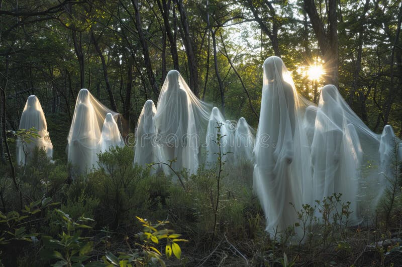 Illustration of Night Photograph of Several White Figures Standing in ...