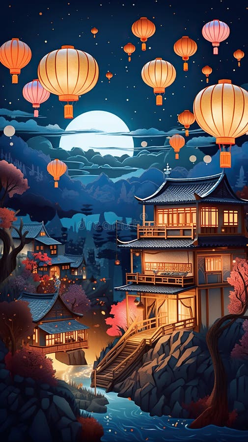 Illustration of a Night Scene with Chinese Temple and Lanterns ...