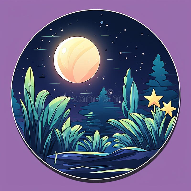 An Illustration of a Night Scene with a Full Moon and Stars in the Sky ...