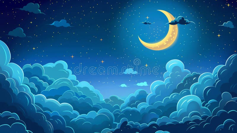 Illustration of Night Time with Crescent Moon on the Clouds and Stars ...