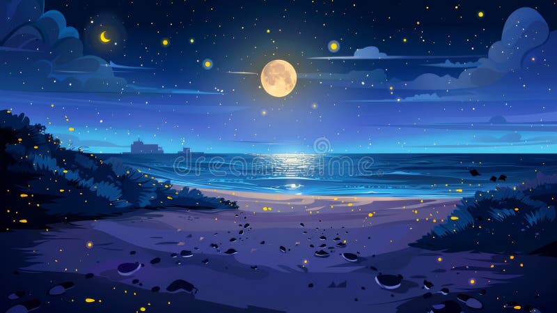 An Illustration of a Nighttime Beach Scene with Moonlight Reflections ...