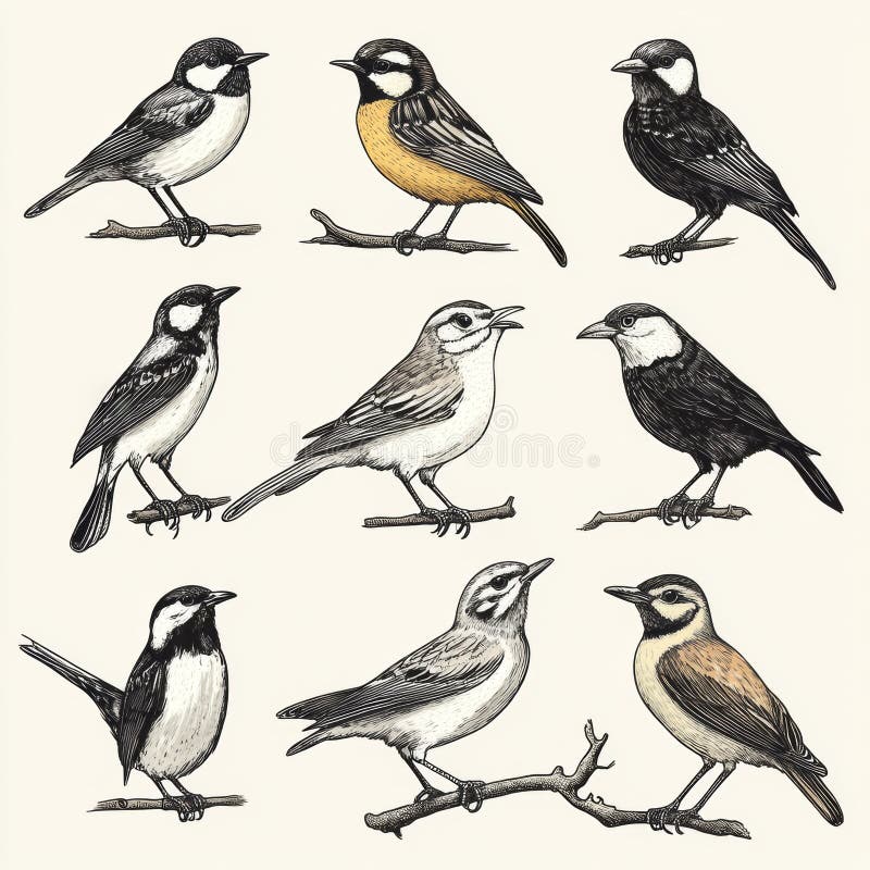 Illustration of Nine Different Species of Birds on Branches Stock ...
