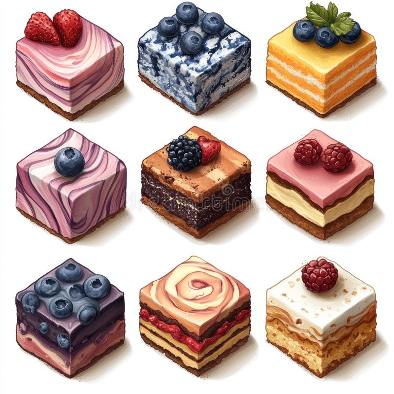 Illustration of Nine Square Cakes with Assorted Toppings Stock ...