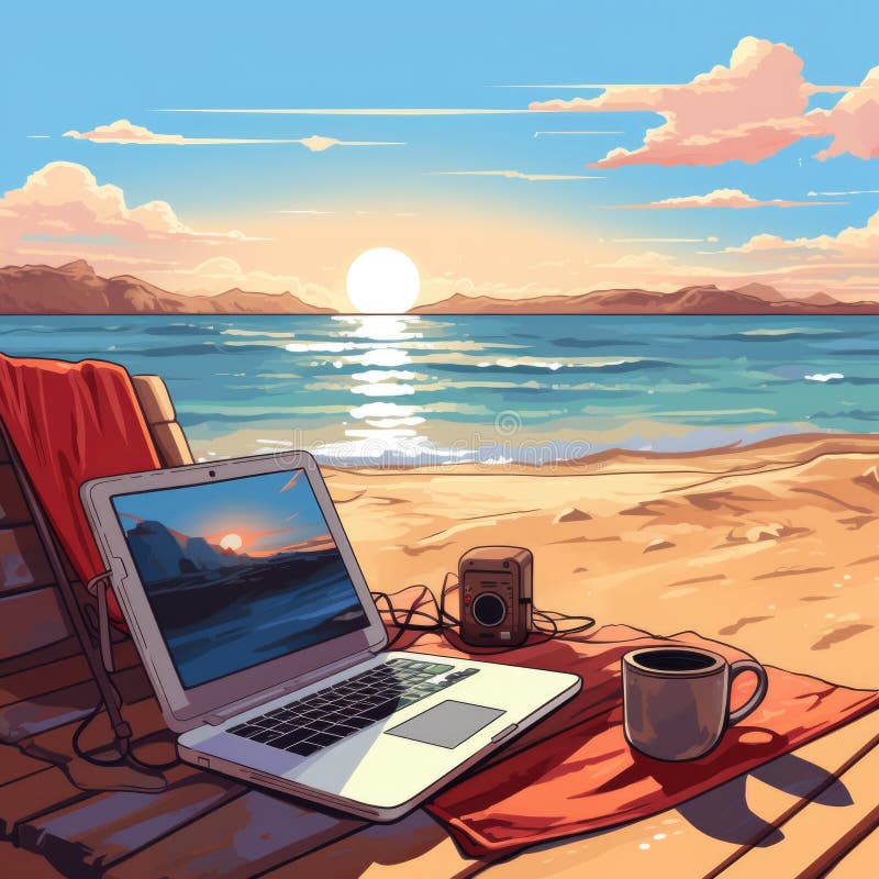 Illustration of a Notebook Computer on a Beach - Digital Nomad Concept ...
