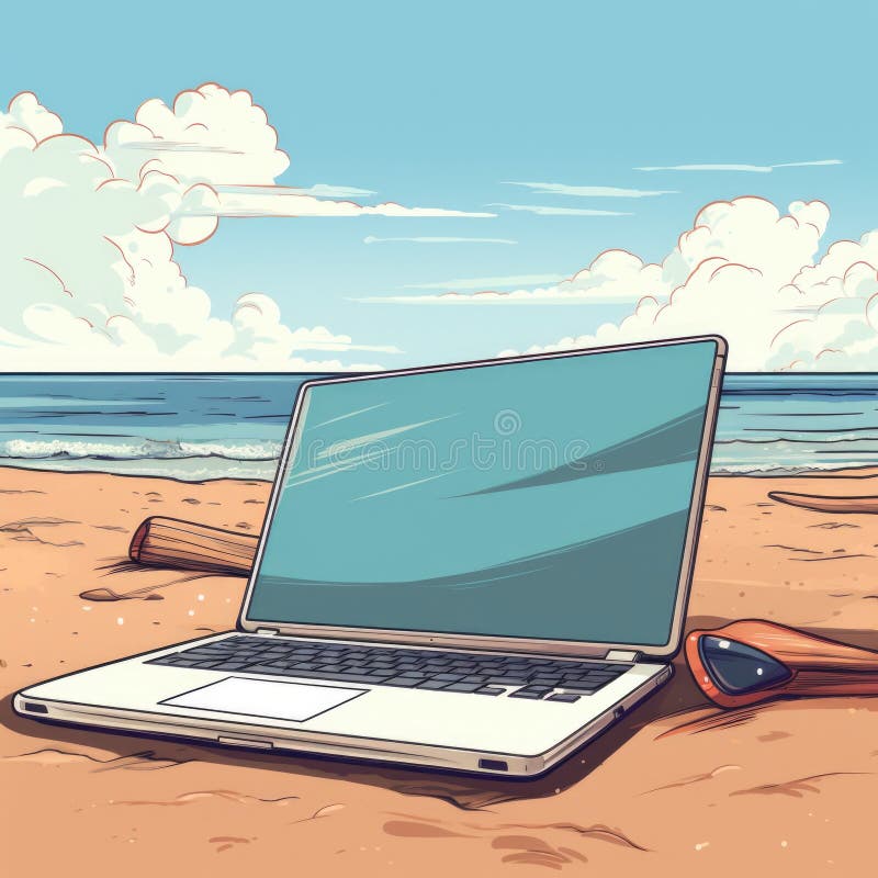 Illustration of a Notebook Computer on a Beach - Digital Nomad Concept ...
