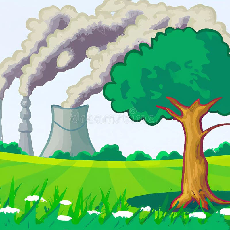 Illustration of a Nuclear Power Plant with a Tree in the Foreground ...