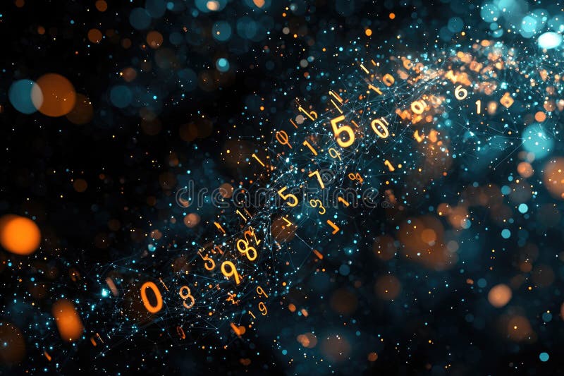 An Illustration of Numbers Intertwined with Geometric Shapes, Gradually Dissolving into a Bit ...