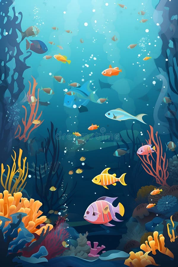 An Illustration with Ocean Life with a a Mix of Colorful Fish Stock ...