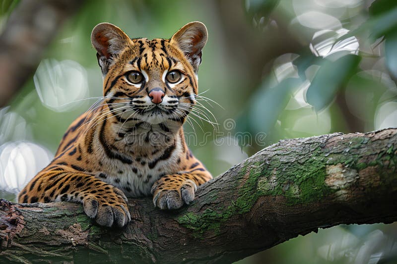 Ocelot, Full Body Shot, Sitting on a Tree Branch in a Rainforest Stock ...