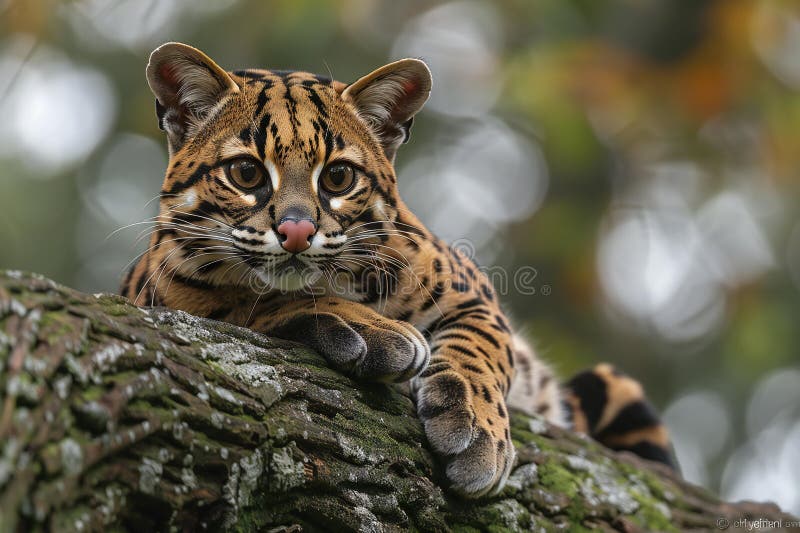 Ocelot, Full Body Shot, Sitting on a Tree Branch in a Rainforest Stock ...
