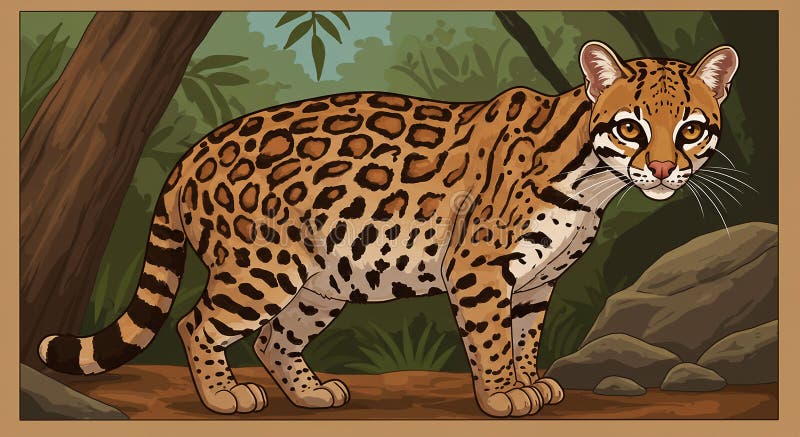Illustration of an Ocelot in a Jungle Setting, Surrounded by Lush ...
