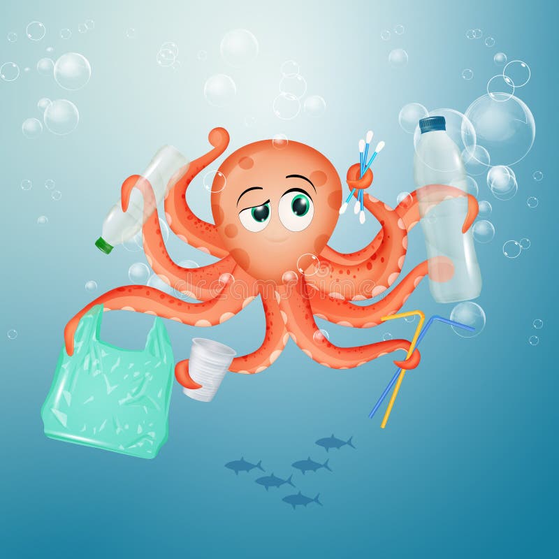 Octopus with plastic waste stock illustration. Illustration of stop ...