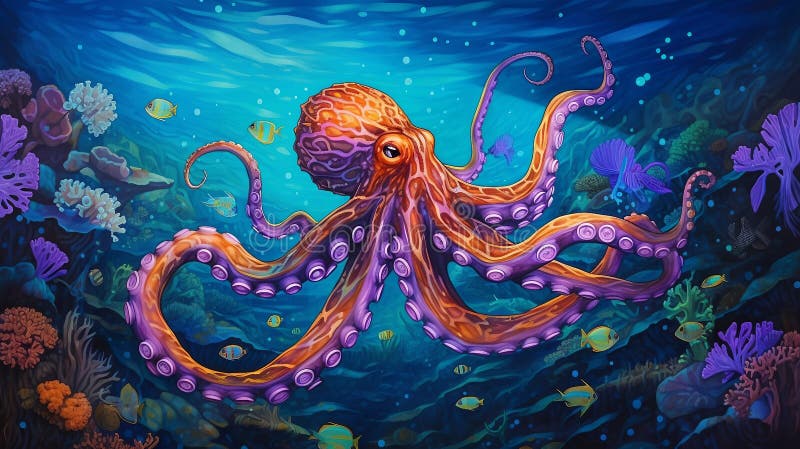 An Illustration of an Octopus Swimming in the Ocean with Coral Reefs AI ...