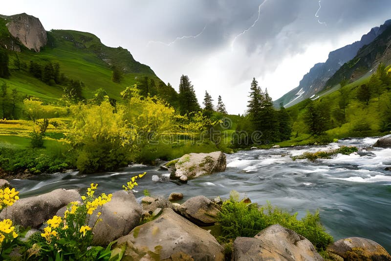 Low Angle Views of Riverside with Generative AI Stock Illustration ...