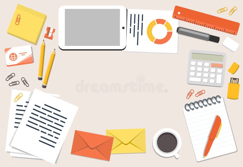 Illustration of Office Desk and Stationary, Top View with Copyspace ...