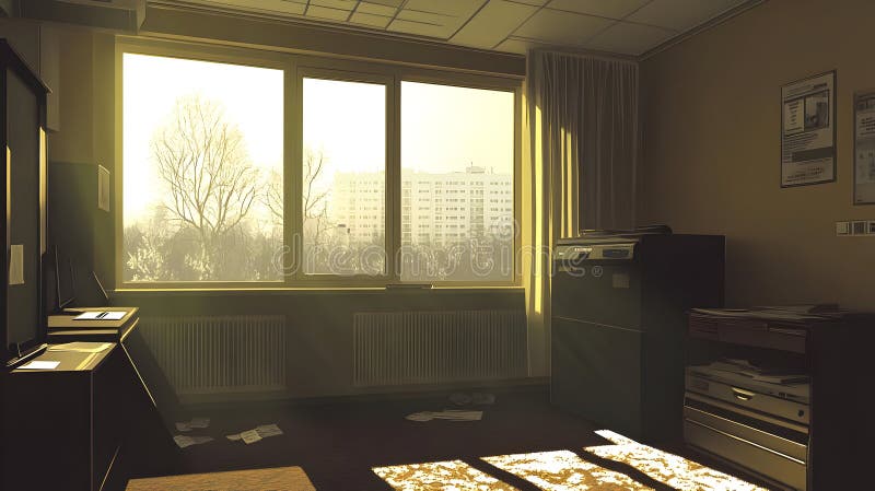 Illustration - Office Interior Sunlight Window Desk Printer Papers ...