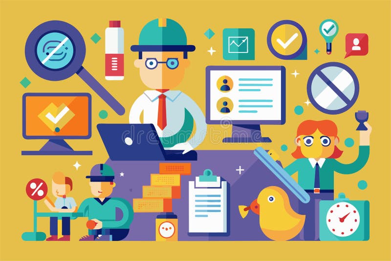 Illustration of Office Safety Rules with Workers, Charts, Checklists ...