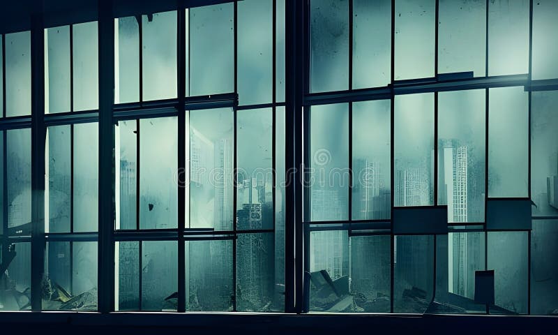 Illustration of Office Windows in Skyscraper with a Destroyed Cityscape ...
