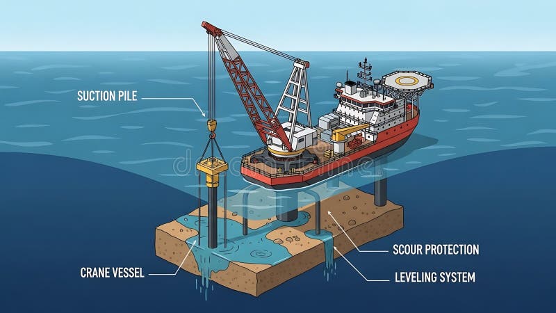 Oil an Offshore Crane Vessel Installing an Underwater Suction Pile ...