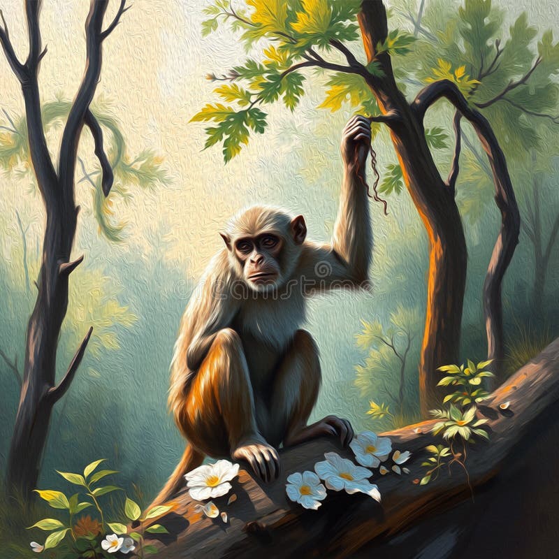 Monkey . Illustration with Oil Paint. Pattern for Printing on Wall ...