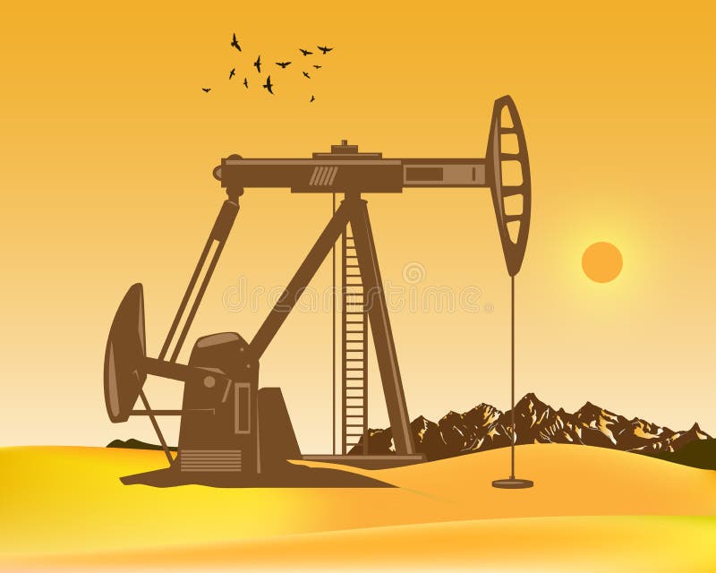 Oil Production in the Desert, Oil Rigs. Vector Line Art Illustration ...