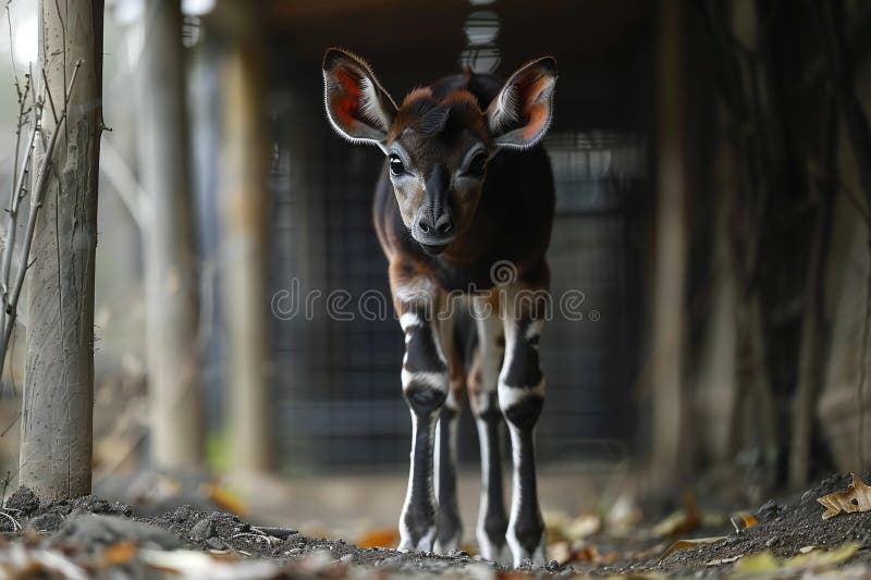 Okapi with Black and White Stripes on Its Legs, Standing Under Canopy ...