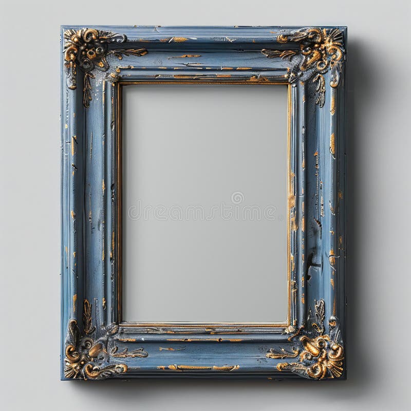 Old Blue Picture Frame on Gray Background, Render Illustration Stock ...