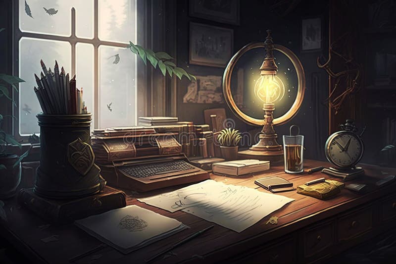 Illustration of Old Desk with Objects on Top. Generative AI. Stock Illustration - Illustration ...