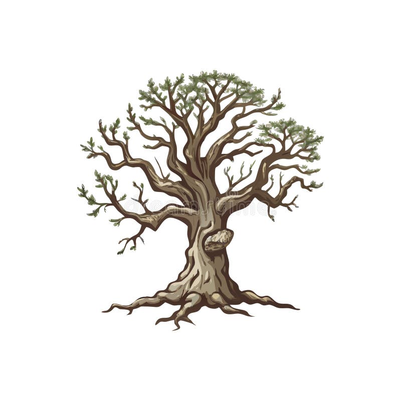 Illustration of an Old, Gnarled Tree with Sparse Green Leaves on White ...