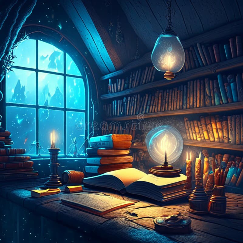 Illustration of an Old Library with Books and Candles. 3d Rendering AI ...