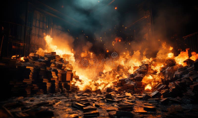 An Old Library, Overwhelmed with Burning Old Books Stock Illustration ...