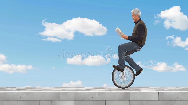 Illustration of Old Man Reading Book while Riding a Unicycle Outdoors ...