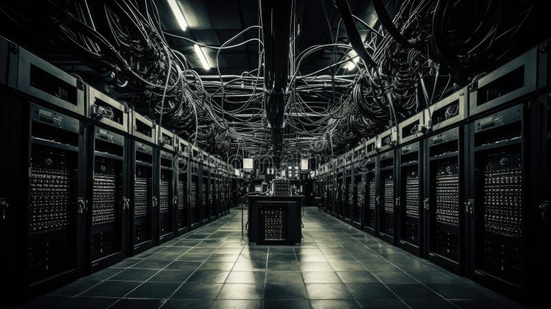 An Old Server Room Filled with Connecting Wires Stock Illustration ...