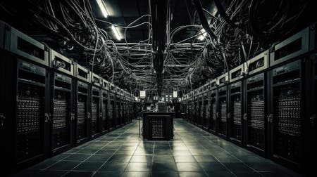 An Old Server Room Filled with Connecting Wires Stock Illustration ...