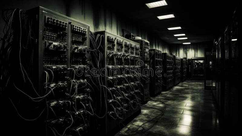 An Old Server Room Filled with Connecting Wires Stock Illustration ...