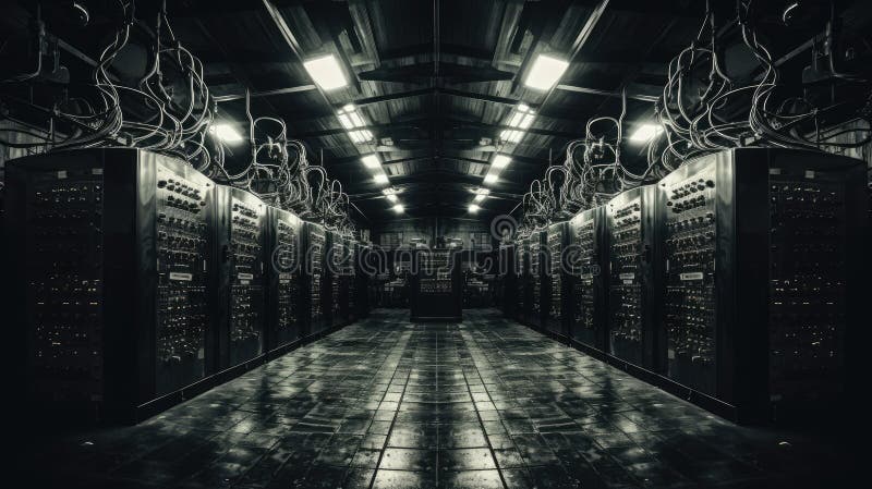 An Old Server Room Filled with Connecting Wires Stock Illustration ...