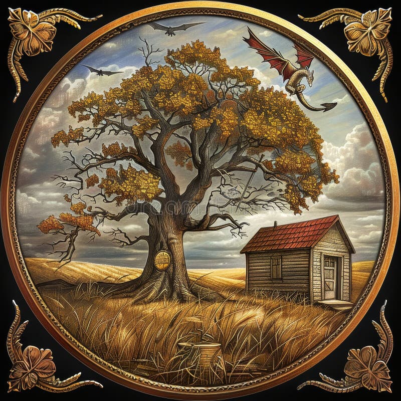Illustration of an Old Oak Tree in a Round Frame on a Black Background ...