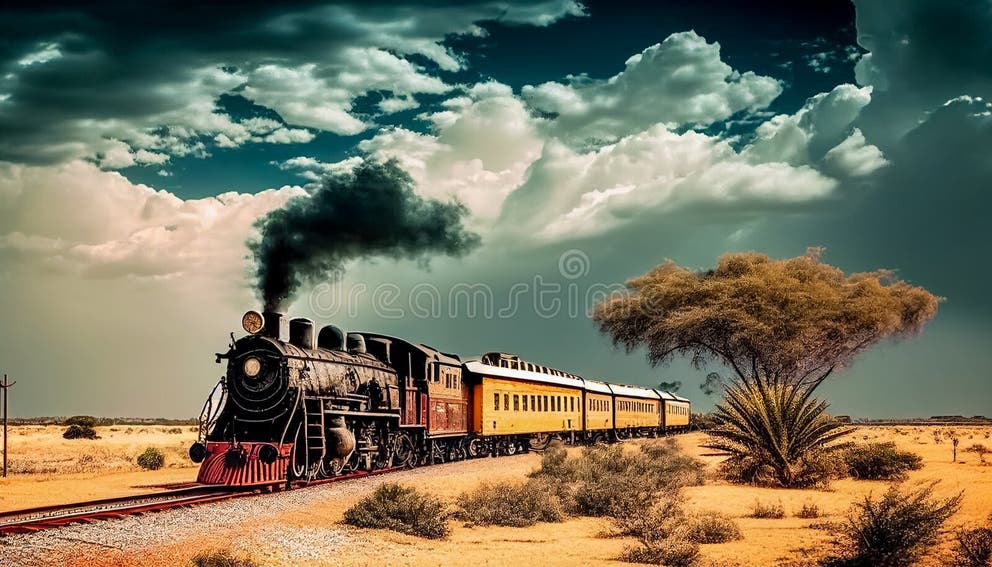 An Illustration of Old-time Steam Engine Train Middle of the Desert, AI ...