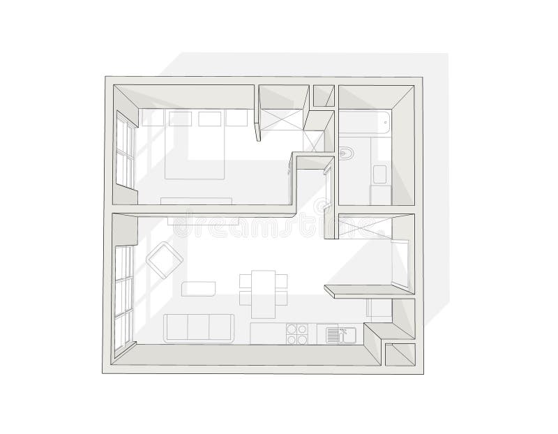 Illustration of One Bedroom Flat with Open Kitchen Design with One ...
