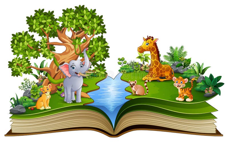 Open Book with the Animal Cartoon Playing in the River Stock Vector ...
