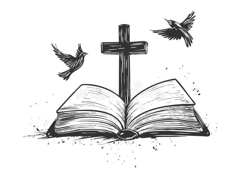 Illustration of an Open Book with a Cross and Flying Birds. Stock ...